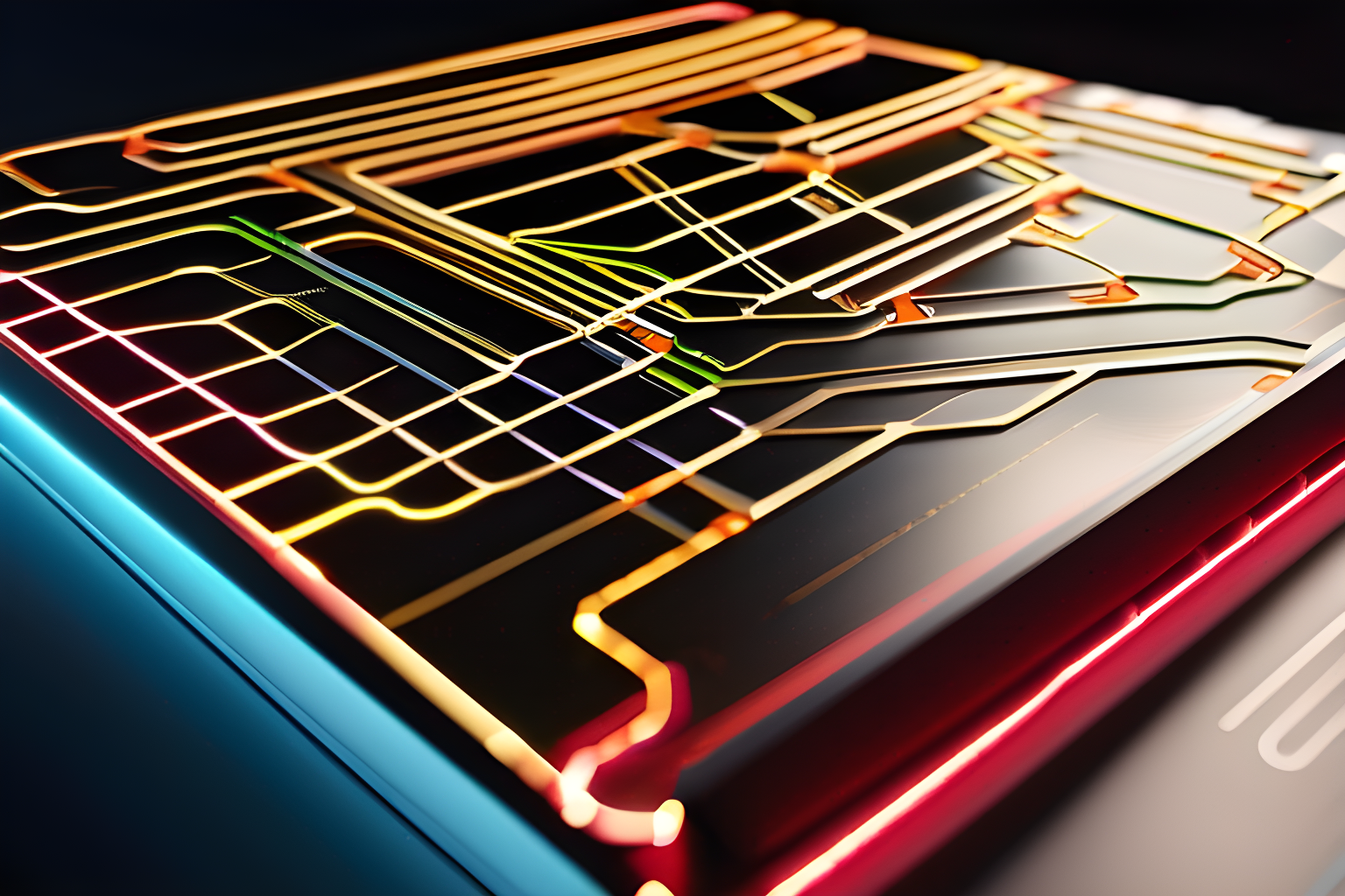 "A 3-dimensional circuit board with lit-up interconnected nodes ...