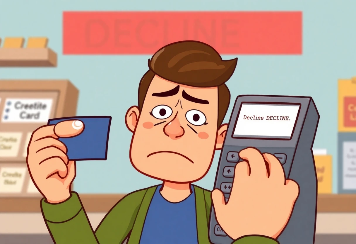 "a frustrated person with credit card in hand and seeing the decline ...