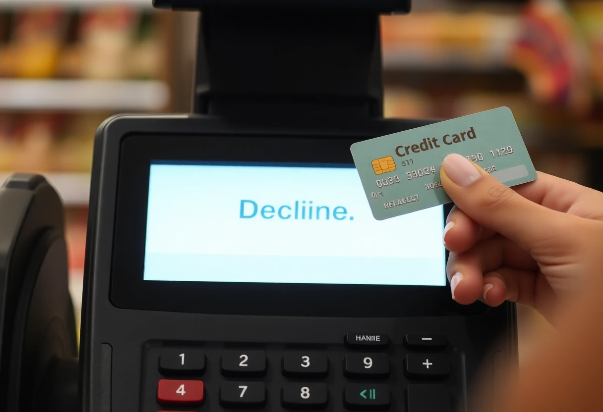 "a frustrated person with credit card in hand and seeing the decline ...