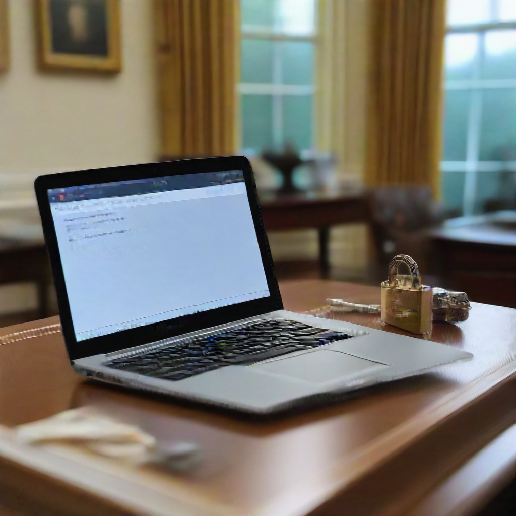 "a laptop, on a desk in the oval office, displaying a padlock. Biden in ...