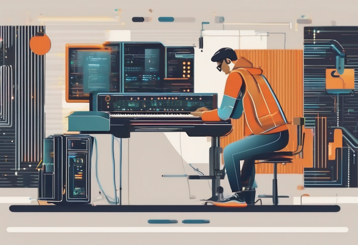 "a programmer jamming with a bot, performing jazz vibe with a computer ...