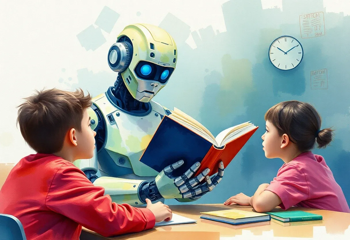 "a robotic teacher reading a book to students waterpaint artstyle ...