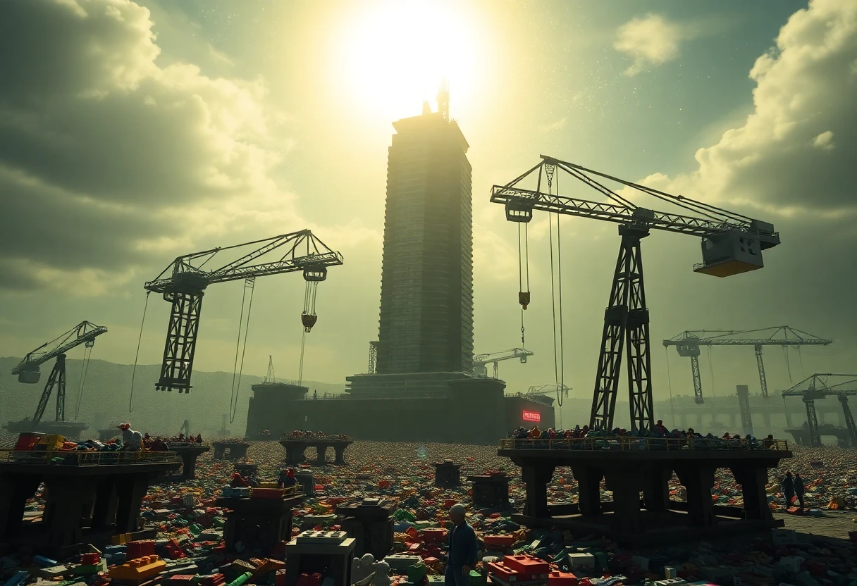 "A sprawling lego landscape under a glowing, particle-filled sky, with ...