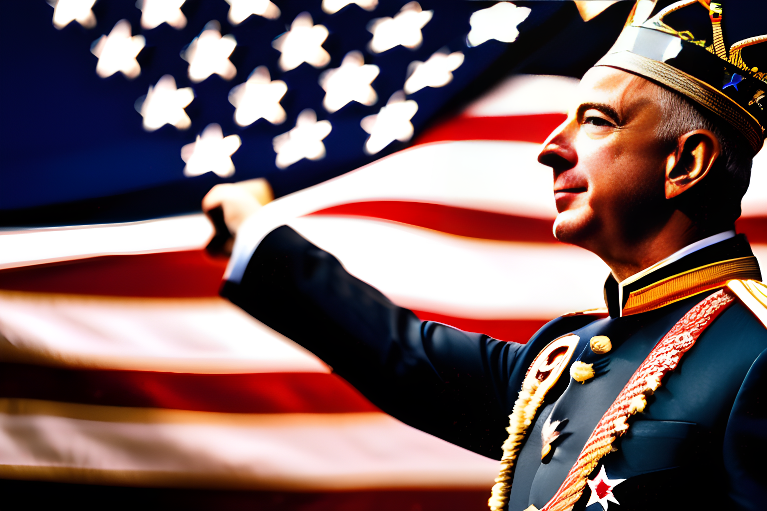 "Breathtaking photograph of Jeff Bezos, wearing a crown, holding the U.S flag." | HackerNoon