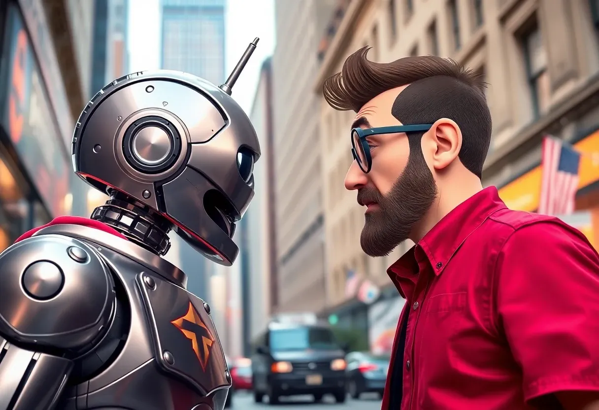 "cartoon man "vs." metal robot face off on wall street" | HackerNoon
