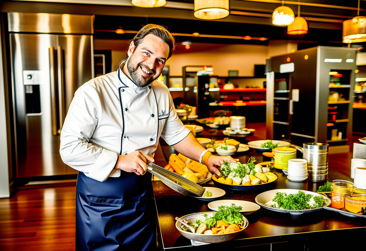 "Chef Sam Altman, in an open kitchen wearing an apron, is cooking a ...