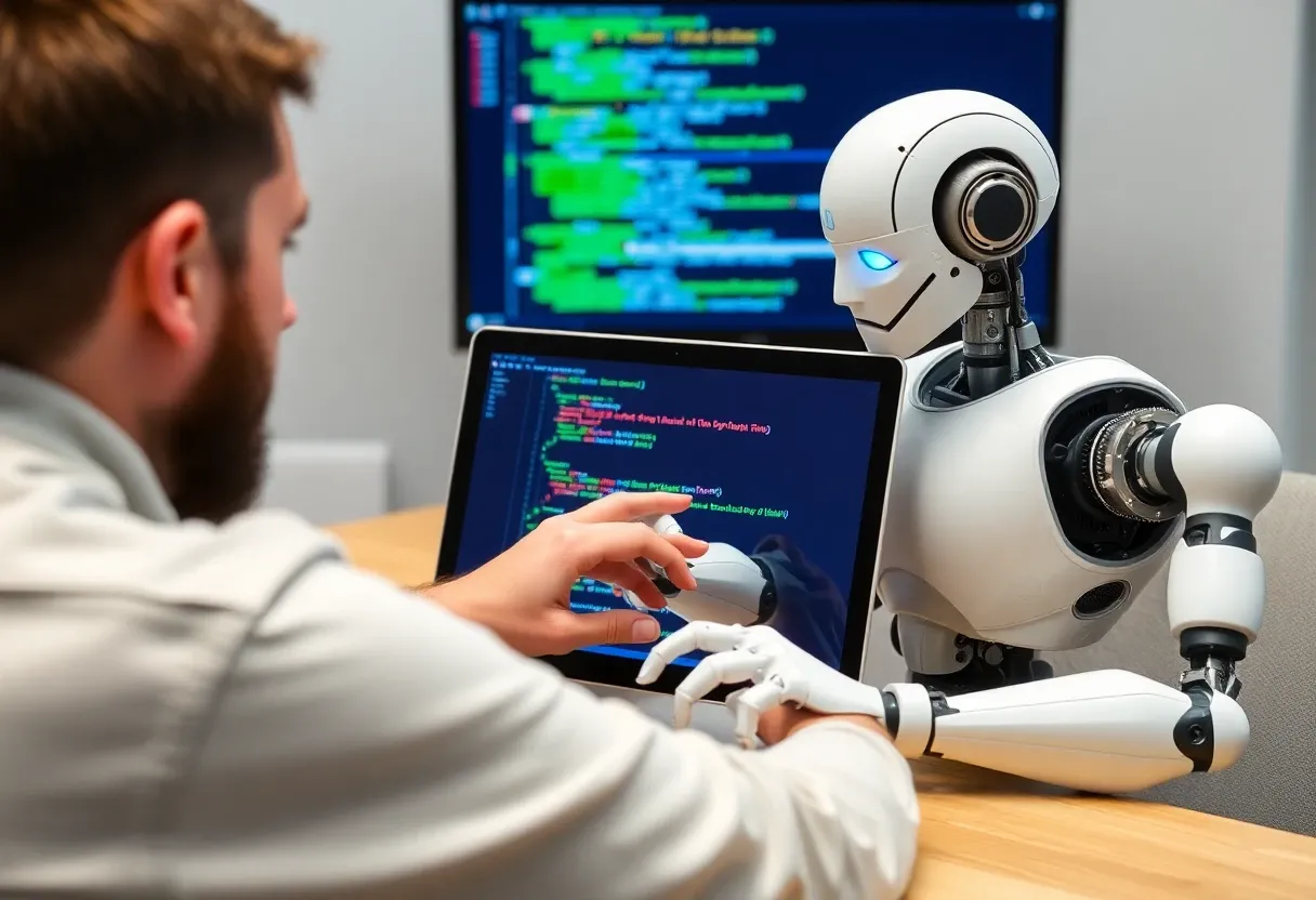"human and robot reviewing code on a laptop screen" | HackerNoon