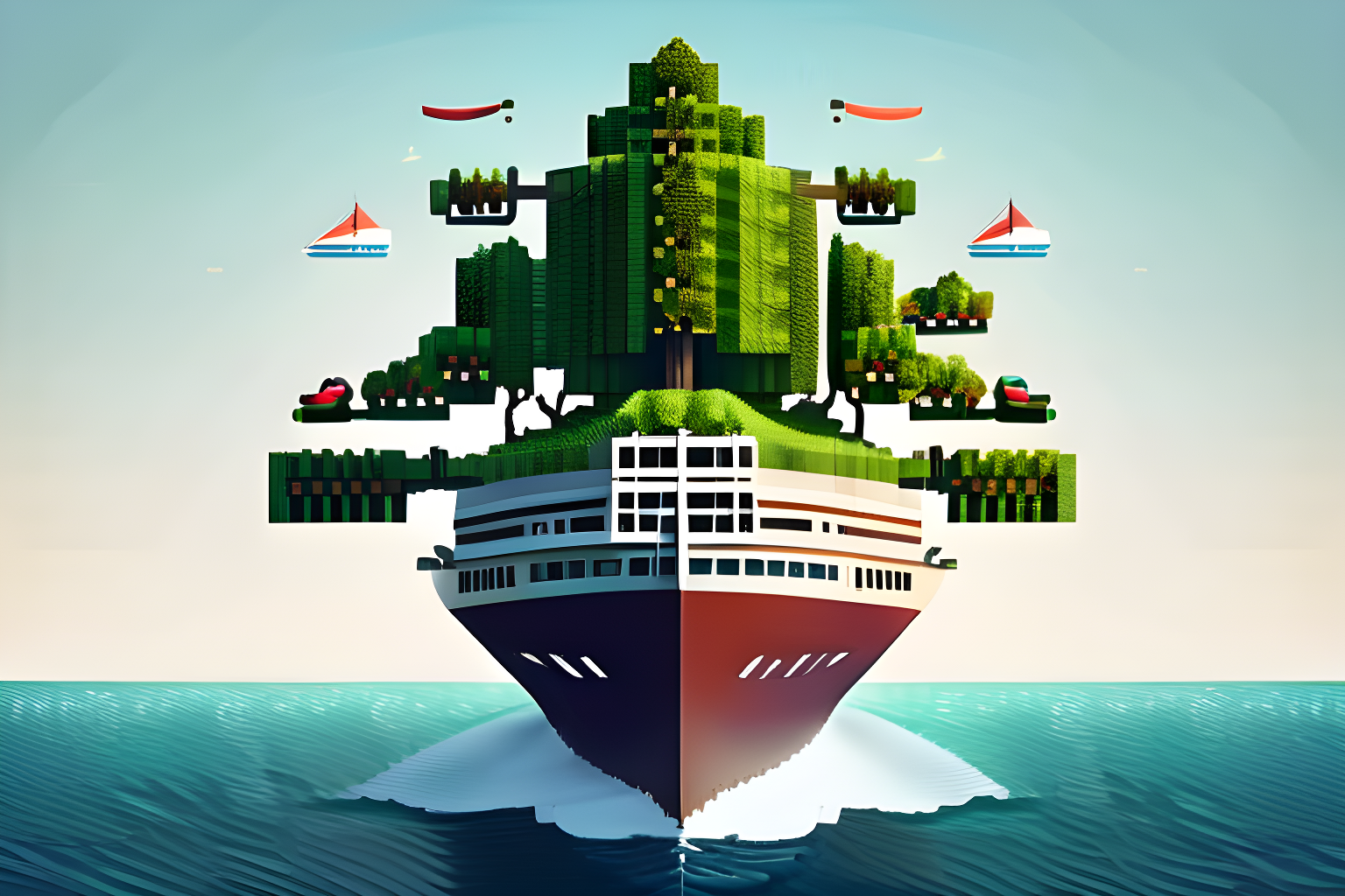 "make a tree person with short branches as arms, stacking hundreds of tiny pixelated ships atop ...
